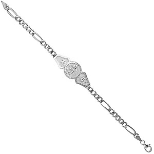 Sterling Silver Santa Muerte Figaro Link Bracelet for Women 1/2 inch wide 7 inch long