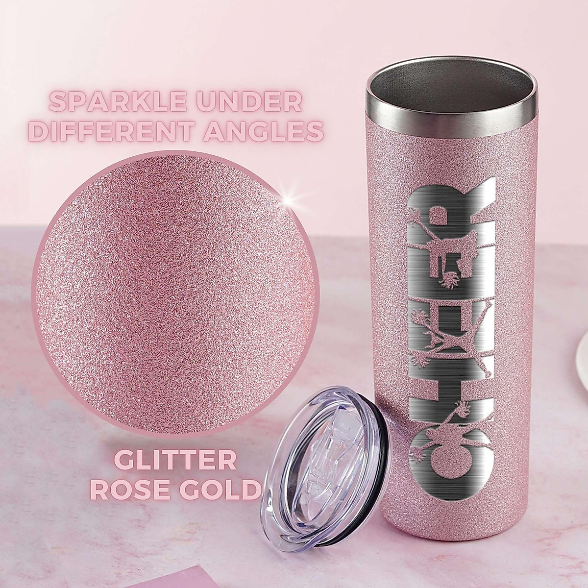 Onebttl Cheerleader Glitter Tumbler Gifts For Girls - Cheer - 20oz/590ml Stainless Steel Insulated Tumbler with Straw, Lid - Gift for Cheerleading, Coach or Cheer Squad - (Rose gold)