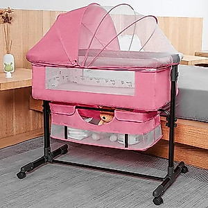 RICUTON Bassinet Bedside Sleeper, 3 in 1 Bedside Bassinet for Baby with Mosquito Nets and Wheels, Large Storage Bag, Heigt Adjustable, Easy Assemble