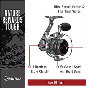 Zebco Quantum Throttle Spinning Fishing Reel, Size 10 Reel, Stainless Steel Bail Wire, Dura-Lok Anti-Reverse Clutch, Oversized Non-Slip Handle Knob, 10 + 1 Ball Bearings, 5.2:1 Gear Ratio, Silver