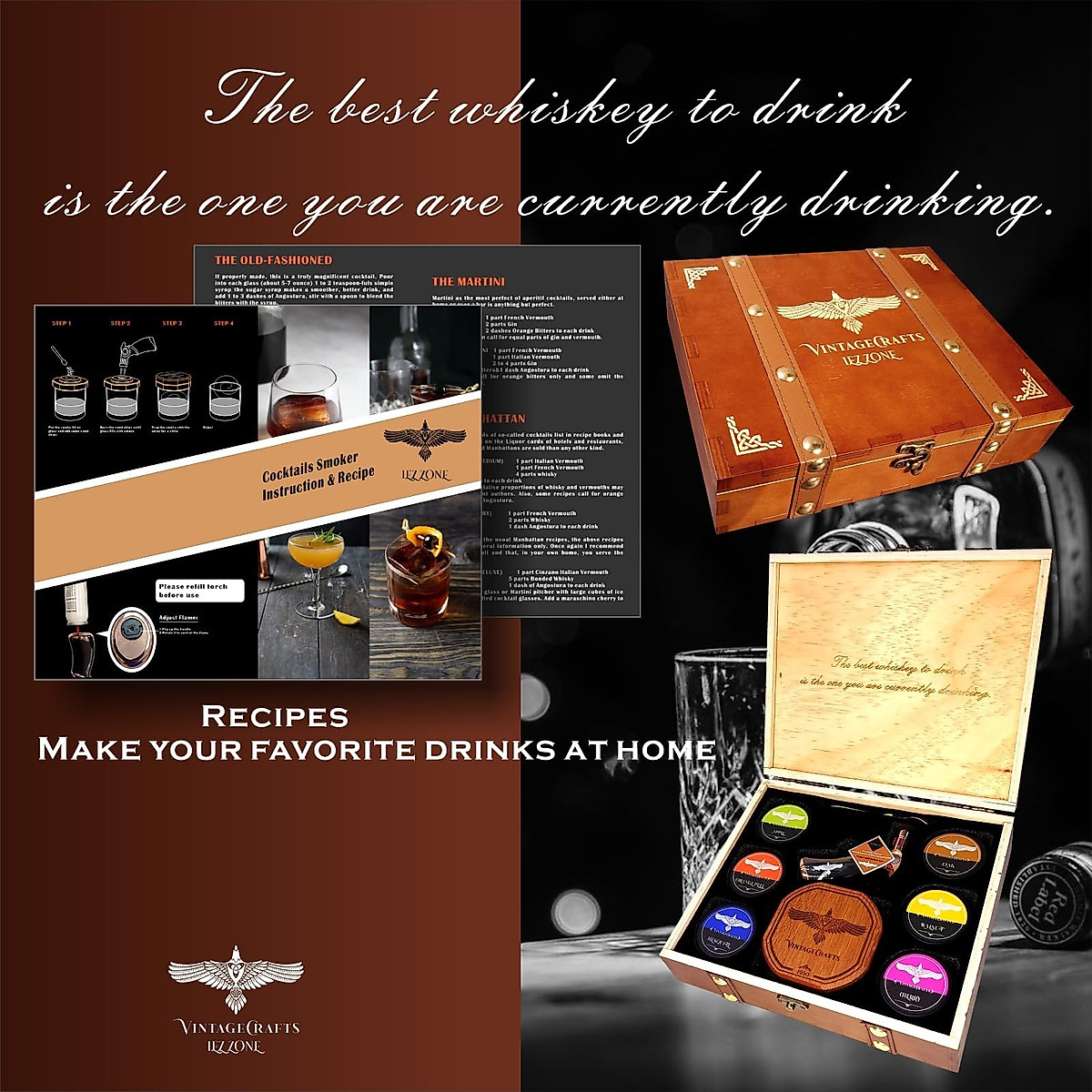 iEZZONE Cocktail Smoker Kit with Torch, Whiskey/Bourbon/Old Fashioned Smoker Kit with Torch,6 Flavor of Wood Chips,Orange/Apple/Oak/Cherry/Walnut/Mesquite,Birthday Gifts for Man,Husband,Dad(No Butane)