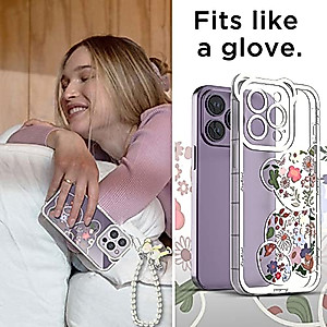 AICase for iPhone 14 Pro Max Case Cute for Women Girl, Bear Floral Flowers Girly Clear Kawaii Phone Case with Bracelet Wrist Strap Chain and Camera Protection Pretty Trendy Protective Cover