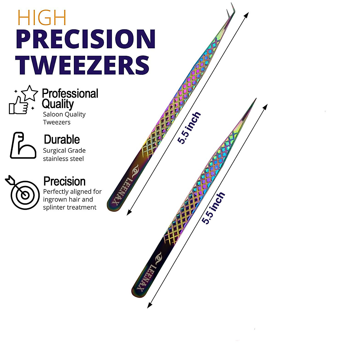 Eyelash Extension Tweezers Fiber Tip (Anti – Slip) Set of 2 pieces straight & curved with Diamond Grip, Rainbow Colour,14cm, volume Tweezers, Lash Extension Precision tweezers. (Multi)