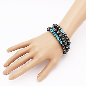 Rosemarie & Jubalee Women's Set of 3 Western Metallic Bead And Howlite Stone Stretch Bracelets, 6.75" (Metallic Gunmetal Silver With Turquoise Beads)