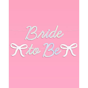 xo, Fetti Bride to Be Bow Banner Iridescent Foil + Pink Glitter , 5 Ft. | Bachelorette Party Decoration, Tying the Knot Bride Bach Decor, Bridesmaid Favor, Engagement Gift, Bridal Shower Supplies, Photobooth Backdrop