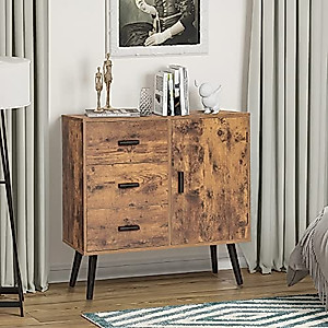 Iwell Storage Cabinet with Door & 3 Drawers, Mid Century Cabinet with Adjustable Shelf, Storage Cabinet for Living Room, Bedroom, Home Office, Rustic Brown