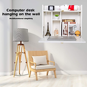KZHOME Multifunctional Folding Wall-Mounted Laptop Desk Writing Table with Storage Shelves, for Home Office, White