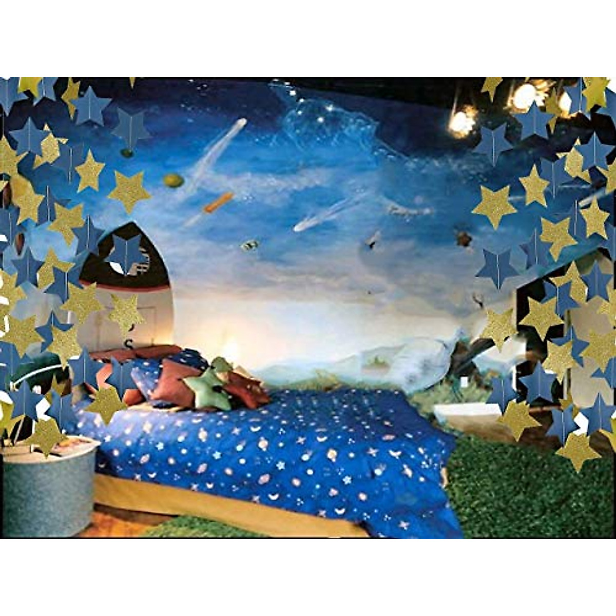 Furuix Outer Space Decorations Birthday Party Decorations 2pcs Navy Blue Glitter Gold Paper Star Garlands Star String for Baby Shower Decorations