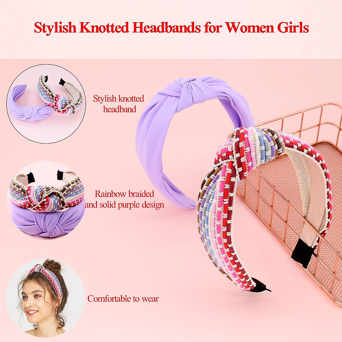 BEGOOD Boho Knotted Wide Headbands for Women, Fashion Designer Purple Turban Hair Accessories for Girls, 2Pcs