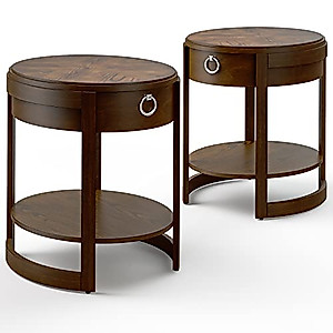 Giantex End Table with Drawer Set of 2, Oval Round Retro Side Table with Open Storage Shelf, Wood Sofa Bedside Tables for Small Space, Night Stand for Living Room Bedroom, Vintage Walnut