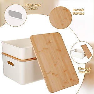 Suzile 6 packs Plastic Storage Bins with Bamboo Lids Stackable Storage Containers for Organizing, with Labels and Marker Document Paper Storage(Medium Large)