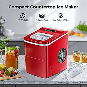 AGLUCKY Ice Makers Countertop with Self-Cleaning, 26.5lbs/24hrs, 9 Cubes Ready in 6~8Mins, Portable Ice Machine with 2 Sizes Bullet Ice/Ice Scoop/Basket for Home/Kitchen/Office/Bar/Party, Red