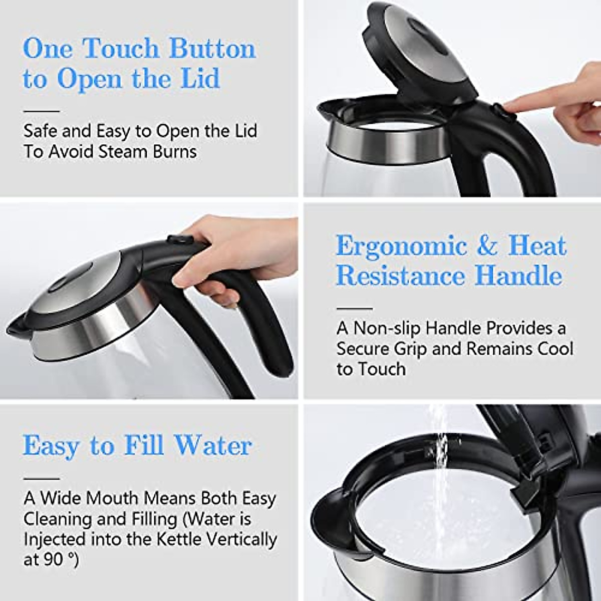 Glass Electric Kettle, TUMIDY 1.7L 1500W Fast Boiling Hot Water Boiler Auto-Shutoff and Boil-Dry Protection, LED Lights, Comfy Touch Handle Wide Opening Cordless Tea Heater making Tea Coffee, Black