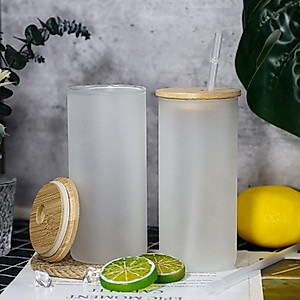 AGH 6pcs 18oz Frosted Sublimation Glass Blanks With Bamboo Lid, Sublimation Straight Cups Blank With Stainless Steel Straw & Clean Brush, Glass Can Beer Tumbler For Iced Coffee Juice Soda Drinks