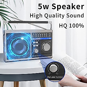 Portable AM FM Radio, Shortwave Transistor Radio with Best Reception, Battery Operated or AC Power Retro Radio with Big Bluetooth Speaker, Earphone Jack USB TF Card AUX Input, for Senior(Gray)