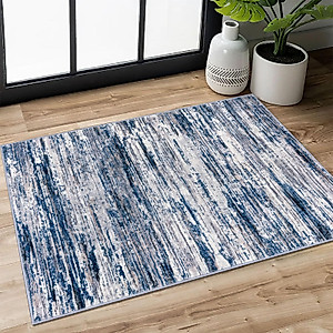 Siiloom 2x3 Navy Blue Gray Neutral Multi Modern Abstract Rug for Entryway, Super Soft Smal Area Rug, Washable Rug with Non-Slip Kitchen Rugs, Low-Pile Mat for Kitchen, Bedside, Indoor Door Mat