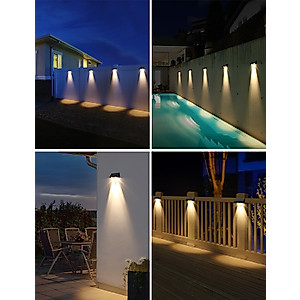 Solar Powered Fence Lights Outdoor Wall Mount LED Decorative Waterproof Yard Lamps for Outside Stair, Rail, Deck, Backyard, House Patio, Pool, Design for Long-Lasting Dusk to Dawn, Warm White 4 Pack