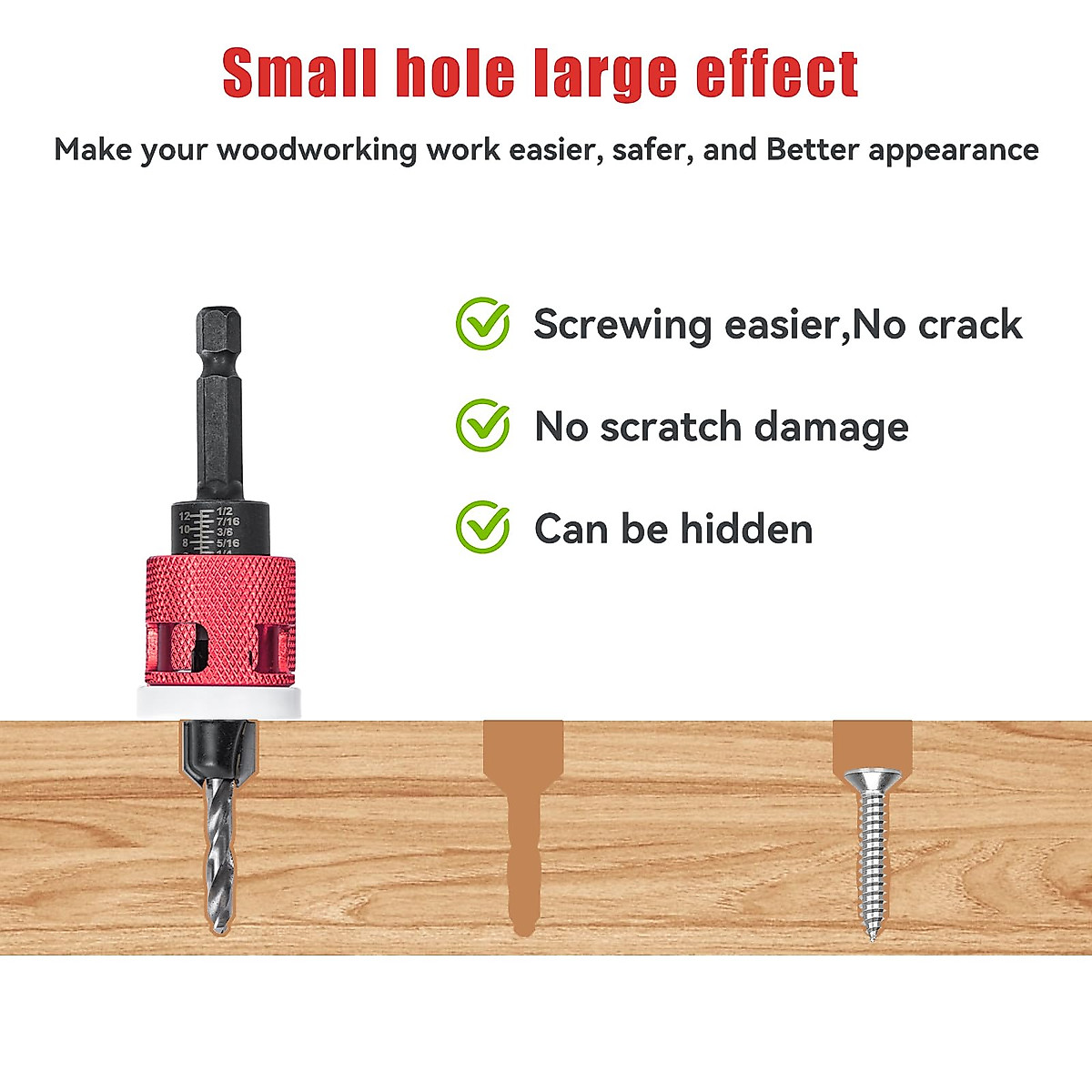5 Pcs Countersink Drill Bit Set with Low Friction Depth Stop, HSS M2 Bits Tapered Head1/8 9/64" 5/32" Drill+3/8” 82° Counter-Bore,11/64" 3/16" Drill+ 1/2" 82° Counter Bore,1/4” Hex Shank(Red)