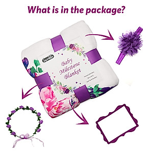 Baby Monthly Milestone Blanket Girl - Extra Soft, Large (60"X40") Thick Fleece - Baby Growth Chart Blanket - Baby Age Blanket for Photos - Baby Month Blanket - Includes Headband, Floral Wreath, Frame