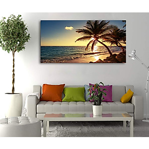 Muolunna S04975 Wall Art Decor Large Canvas Print Picture Sunset Ocean Beach Waves 1 Panel Coconut tree Scenery Painting Artwork for Office Home Decoration Stretched and Framed Ready to Hang XLarge