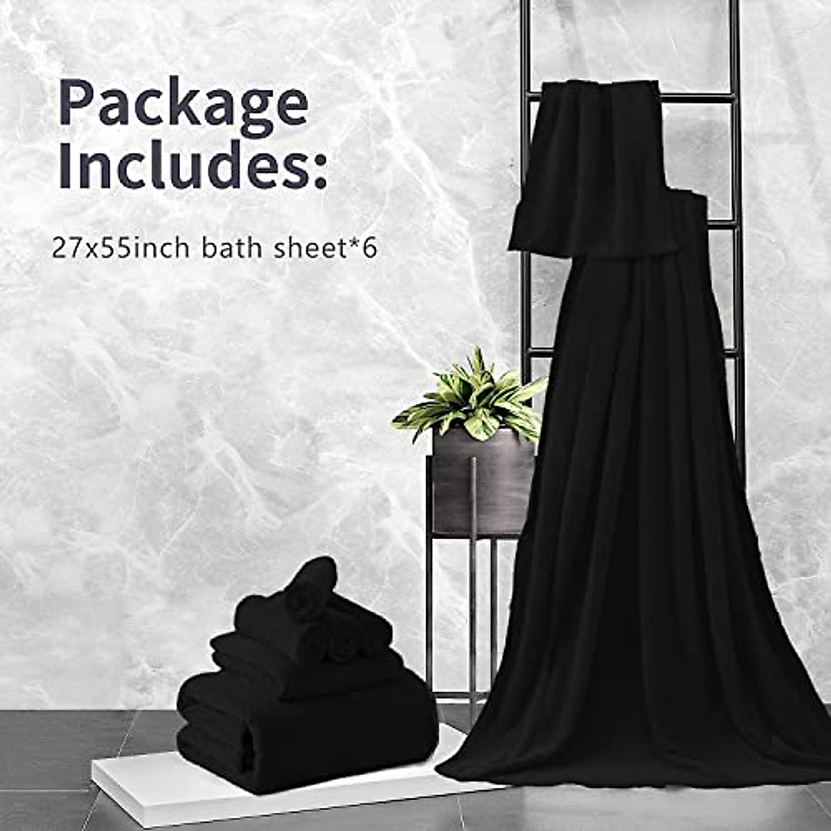Junsey Black Bath Towels Set of 6, Bathroom Towels 27x55in Quick Dry Towel Set 600 GSM Microfiber Towels Super Soft Absorbent Shower Towels for Bathroom Hotel Spa Gym Camping Beach