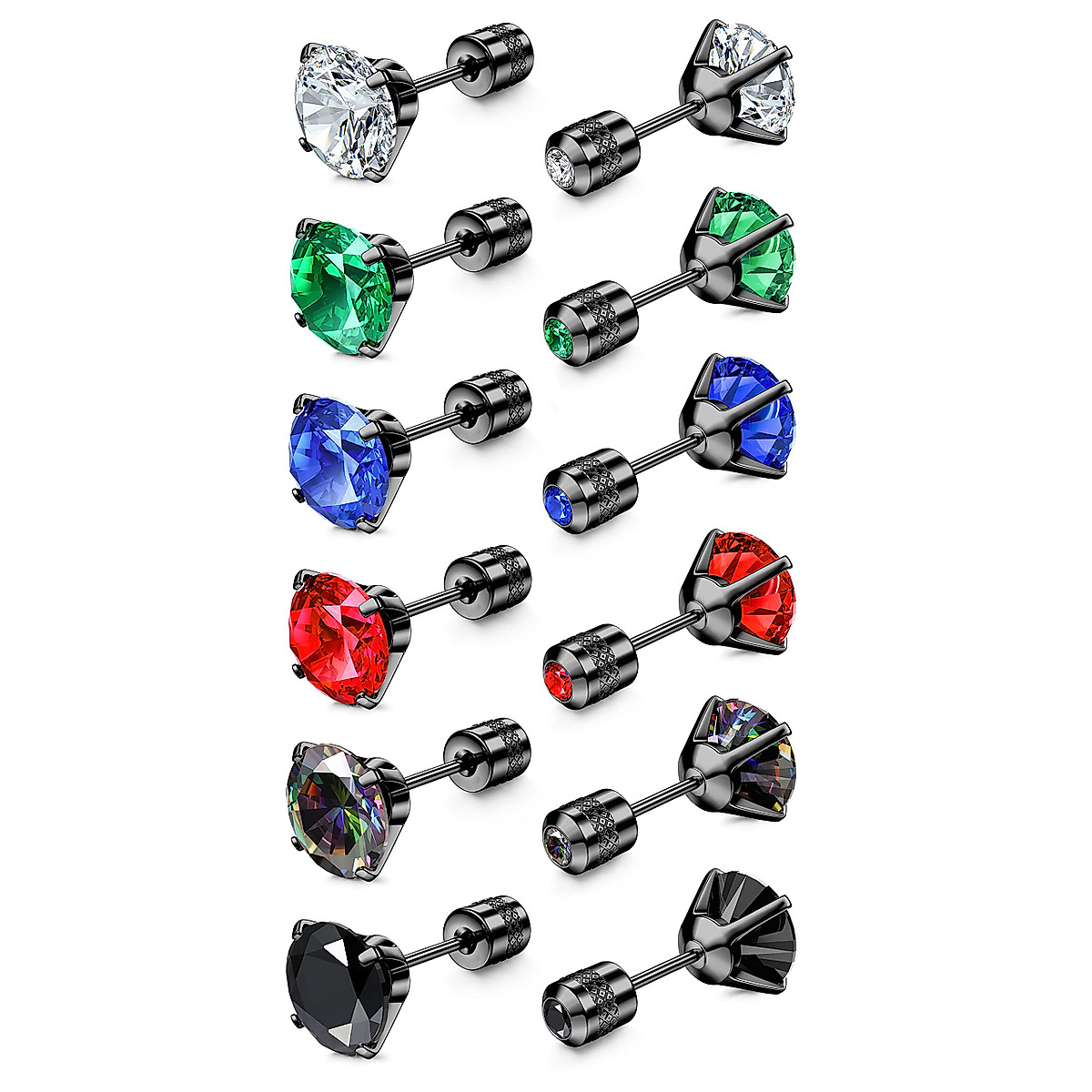 FIBO STEEL 6 Pairs Titanium Screw Back Earrings for Men Women Surgical Stainless Steel Stud Earrings Hypoallergenic Multicolor Double Side Earrings Piercing Sleeper Studs Jewelry 6mm Round CZ