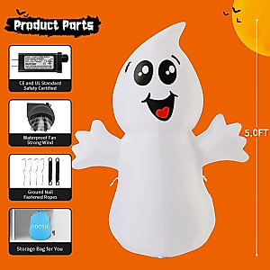 GOOSH 5 FT Halloween Inflatable Ghost Outdoor Decoration with Magic Light, Blow Up Yard Decoration with Built-in LEDs for Garden Lawn Indoor Party Holiday Decor