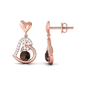 1/2 CT Smoky Quartz and Diamond Heart Drop Earrings (AAA Quality), 14K Rose Gold