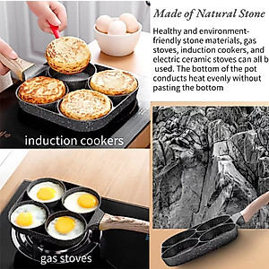 APPO 4 Hole Egg Pan, Non-Stick Pan with Wooden Handle, Work with Open Flame and Gas Stove, Suitable for Egg Burger, Grey Black, 15''L x 7.36'' W, each round egg area:3.5''Dia