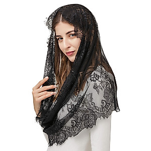 PAMOR Spanish Style Lace Traditional Vintage Inspired Infinity Shape Mantilla Veil Latin Mass Head Covering (Black)