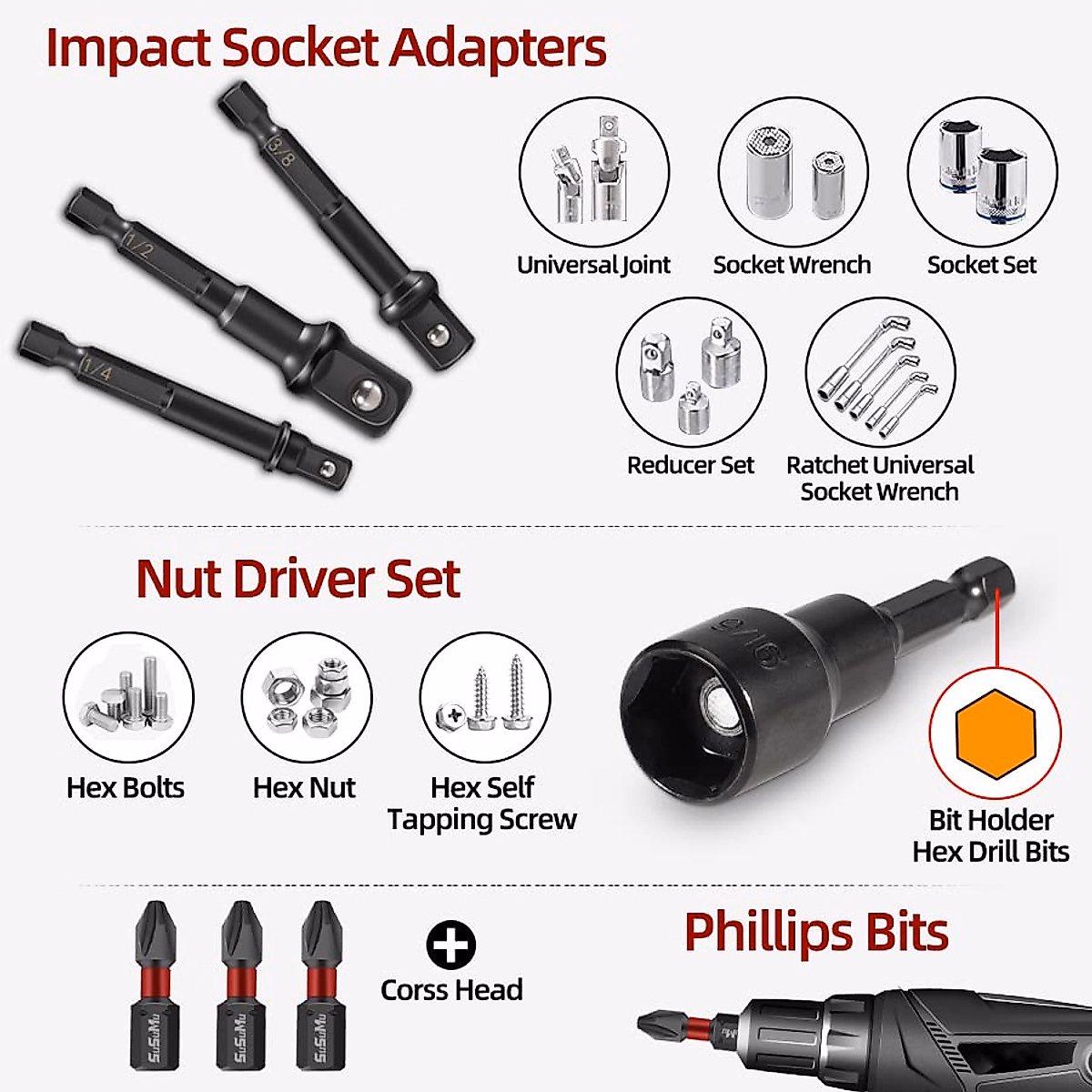 15PCS Impact Rated Magnetic SAE Nut Driver Set with Socket Adapter and Phillips Screwdriver Drill Bits,Extension Bit Holder 1/4" Quick Change Hex Shank for Cordless Impact Drive Nuts Or Bolts