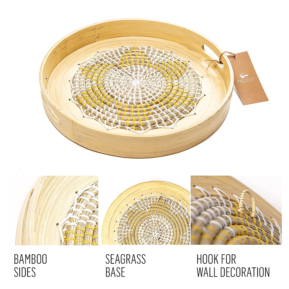 Round seagrass woven tray with handles, bamboo and seagrass tray, handmade decorative tray for table counter piece, coffee table and breakfast tray, wicker fruit basket, , hanging wall basket(14 inch)