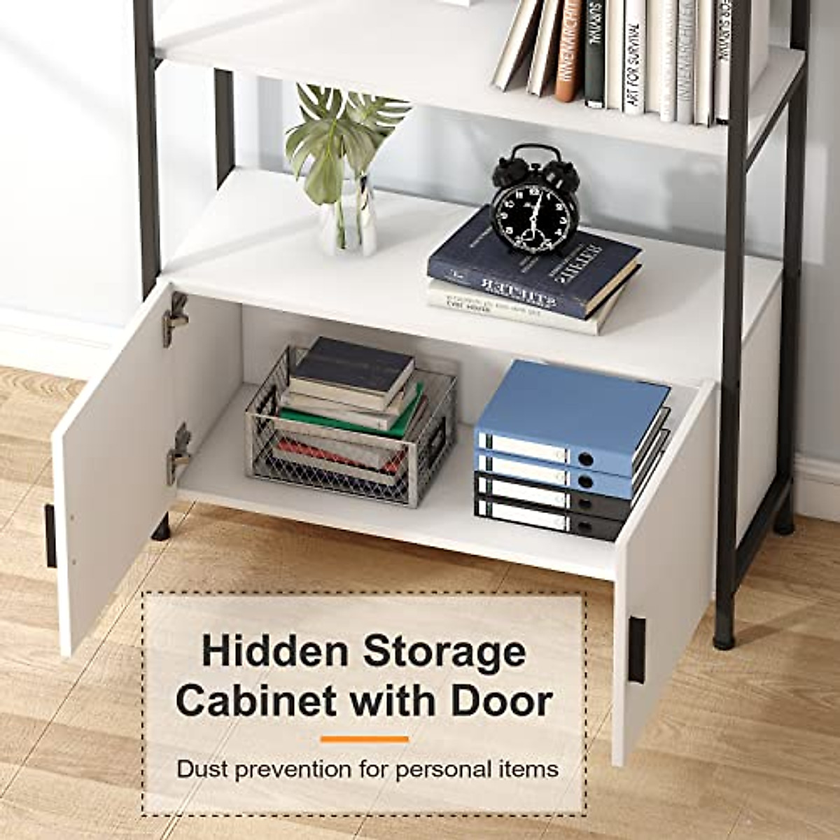 Jehiatek Arched Bookshelf, Bookcase with Doors Storage, 71 Inches Tall Industrial Book Shelf with Sturdy Metal Frame, E1 Quality Boards, Freestanding Display Shelving Unit, Black and White