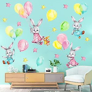 SITAKE Wall Stickers for Kids, Cute Bunny and Balloon Wall Decals, Animal Wall Stickers and Murals, Rabbit Wall Stickers for Girls' Bedroom Nursery Living Room Playroom (Bunny Balloon)