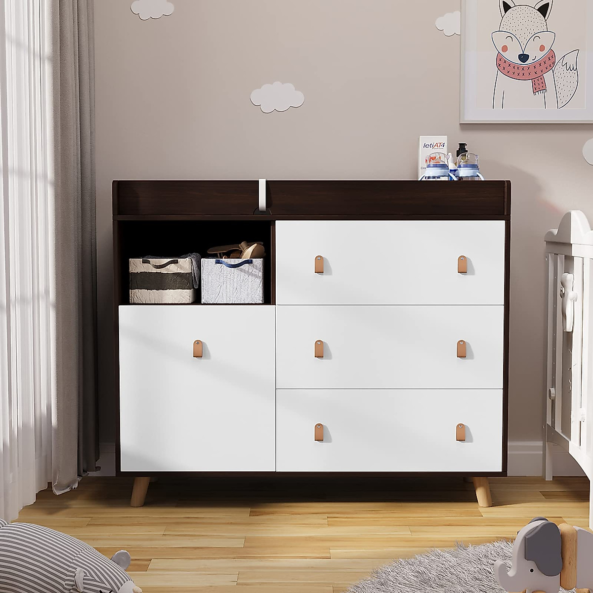 Timechee Baby Changing Table Dresser, Modern Nursery Changing Dresser Chest with 3 Drawers & 1 Shelf, Diaper Changing Pad, Storage Changing Dresser (Brown)