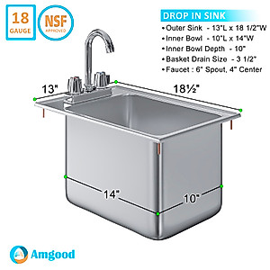 Stainless Steel Drop Sink - 1 Compartment Drop in Sink 10"x14"x10" | NSF | Utility | Commercial | Laundry | Kitchen