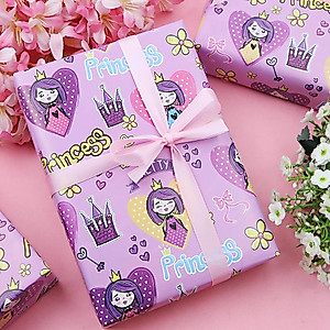 Princess Birthday Wrapping Paper for Girls Kids Baby Child, Lovely Pink Princess Castle Theme Gift Wrapping Paper for Birthday Baby Shower with Pink Ribbon 4 Sheets Folded Flat