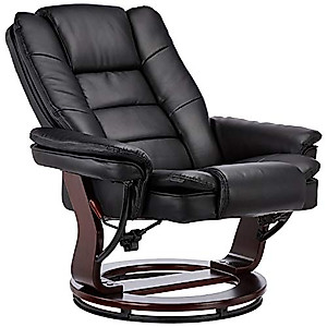 JC Home Contemporary Black Leather Recliner and Ottoman with Swiveling Mahogany Wood Base