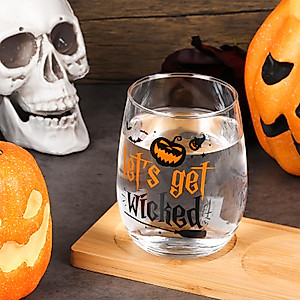 2 Pack Halloween Stemless Wine Glasses 15 Oz Pumpkin Drinking Wine Glass Cups Let's Get Wicked Wine Glass Tumbler for Halloween Party Whiskey Cocktail Tea Water Juice (LET'S GET WICKED)