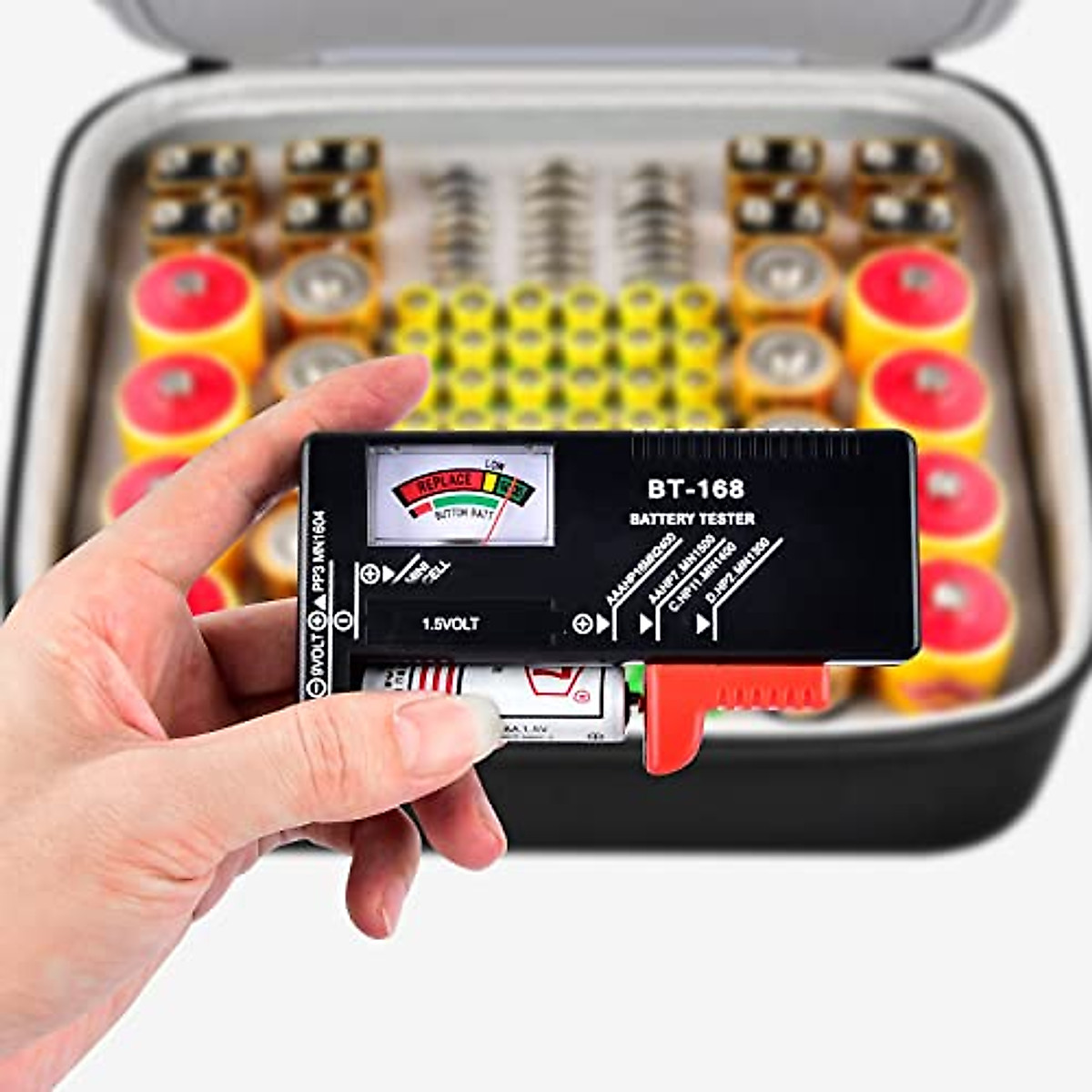 Battery Organizer Storage Case, 118+ Batteries Carrying Holder Container Box Double Mesh Pockets for AA AAA 9V C D with BT-168 Battery Tester (Batteries are Not Included)