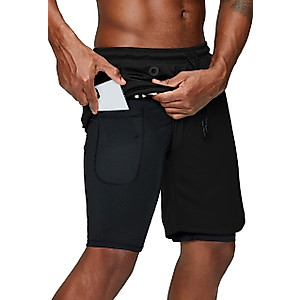 Pinkbomb Men's 2 in 1 Running Shorts Gym Workout Quick Dry Mens Shorts with Phone Pocket (Black, Large)