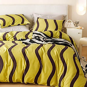 SUSYBAO Queen Size Duvet Cover 100% Cotton Yellow Green Striped Duvet Cover 3 Pieces Set 1 Brown Wavy Stripe Duvet Cover with Zipper Ties 2 Pillowcases Soft Vintage Aesthetic Geometric Bedding