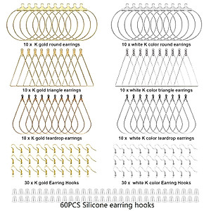 TopBine 60pcs Hoop Earrings Set - Round, Teardrop, Triangle - Gold K, White K - DIY Earring Making