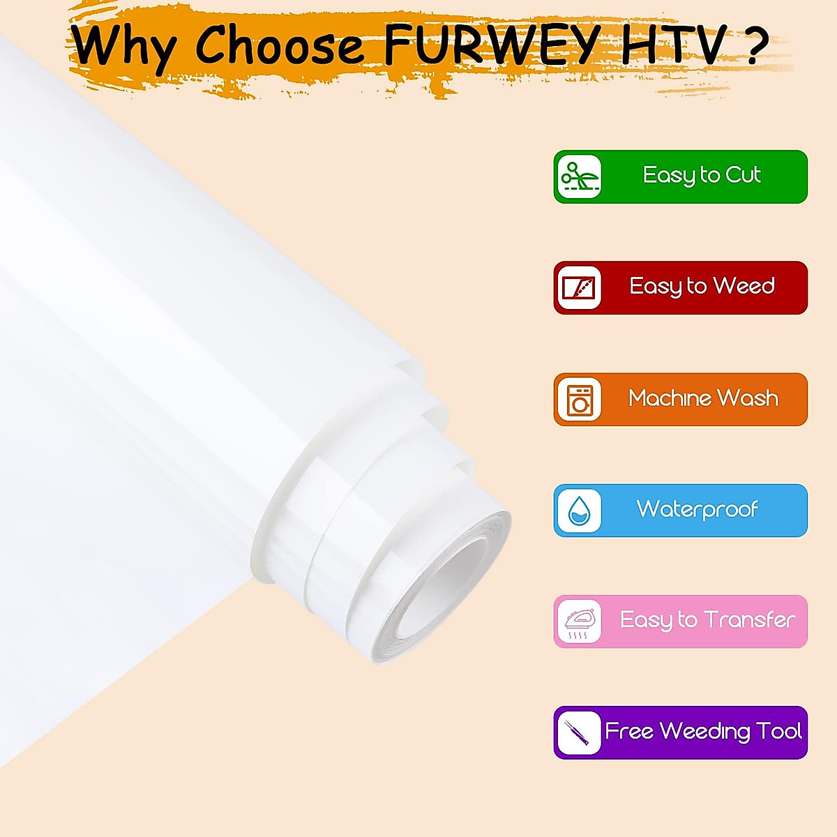 FURWEY Heat Transfer Vinyl White Iron on Vinyl-12 x 45Ft HTV Vinyl Roll Easy to Cut & Weed for Heat Vinyl Design