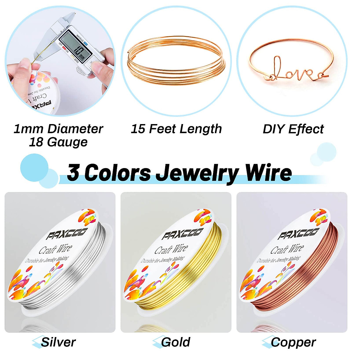 Paxcoo 3 Pack Jewelry Wire Craft Wire 18 Gauge Tarnish Resistant Jewelry Beading Wire for Jewelry Making Supplies and Crafting (Silver, Gold and Copper)