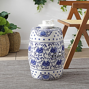 JONATHAN Y TBL1000A Lotus Flower 17.8" Chinoiserie Ceramic Drum Garden Stool Bohemian, Coastal, Classic, Cottage, French Country, Traditional, Transitional, Bathroom, Garden Room, Patio, Blue/White
