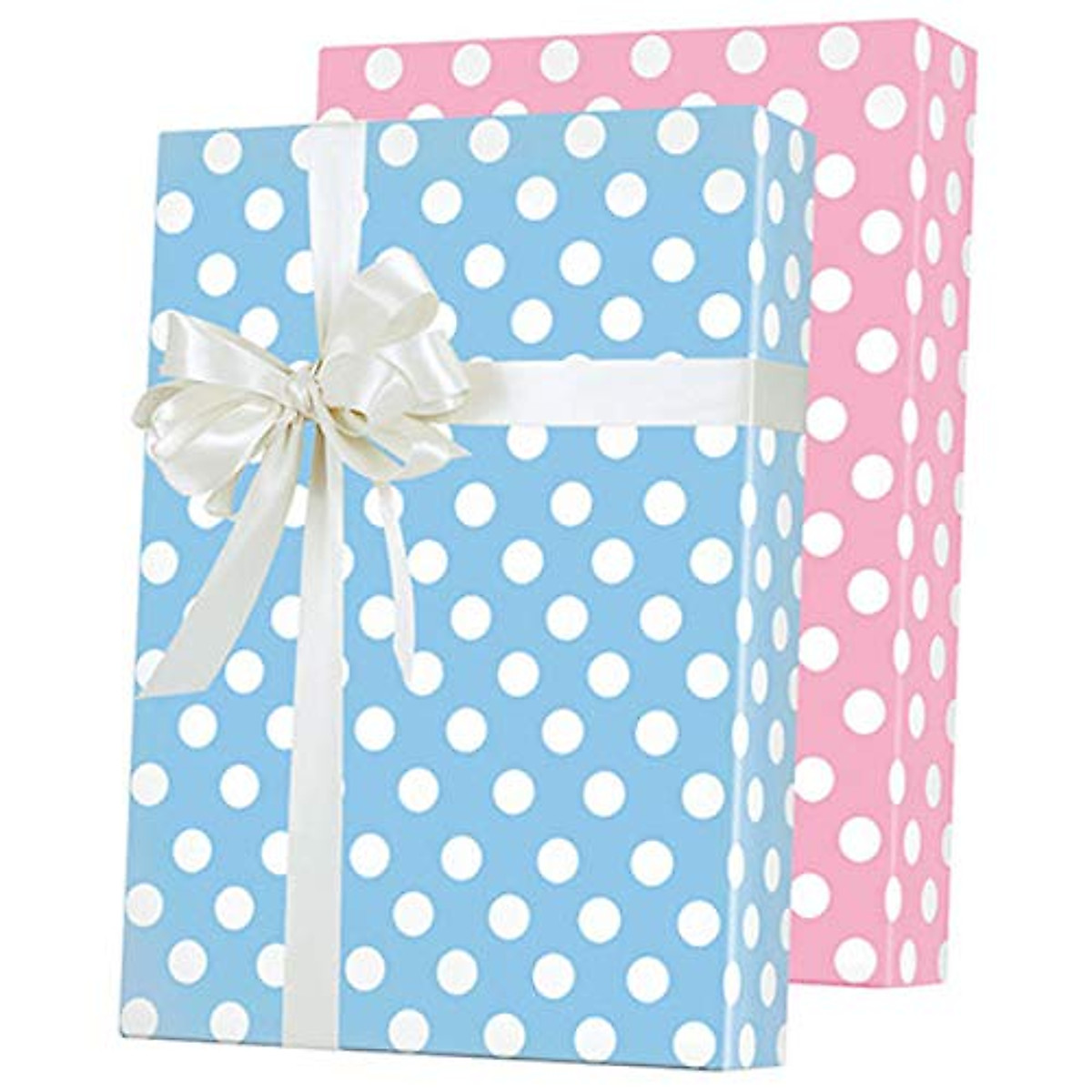 Reversible Double-Sided Baby Shower Pink Blue Polka Dot Baby Shower Wrapping Paper -12ft Flat Sheet (Folded) w. Gift Tags