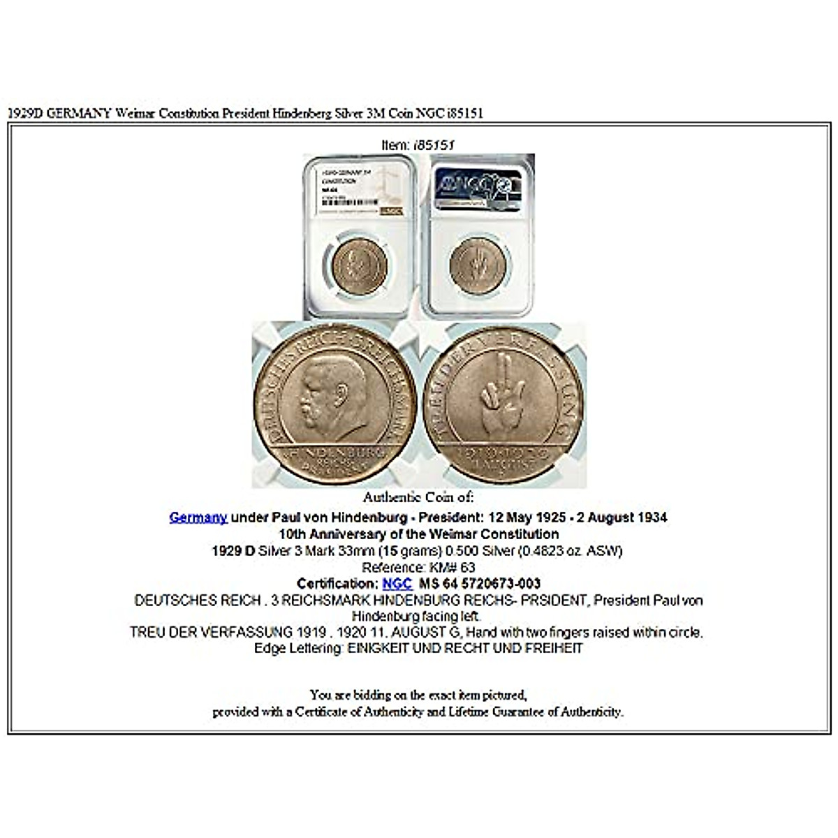 1 DE 1929D GERMANY Weimar Constitution President Hinde 3 Mark MS 64 NGC