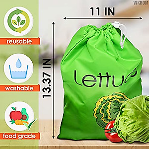 Reusable Vegetable Produce Bags Salad Sack - Keep It Fresh Produce Bags for Refrigerator Bags Fruit Bags Lettuce Storage Bag - Lettuce Keeper for Fridge Green Vegetable Bags Storage with Drawstrings
