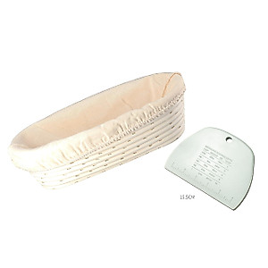 Leadigol Bread Banneton Proofing Basket + Dough Scraper,11 inch Oval Long Bread Dough Proofing Rising Rattan Basket & Liner,Rattan Brotform Bread Dough Set